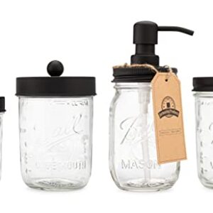 Jarmazing Products Ball Mason Jar Bathroom Gift Set (4 pcs) - Lotion/Soap Dispenser, Toothbrush Holder, Q-Tip Storage Jars - Farmhouse Home Decor for Vanity Organization - Luxury Accessories - Black