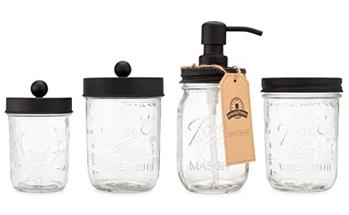 Jarmazing Products Ball Mason Jar Bathroom Gift Set (4 pcs) - Lotion/Soap Dispenser, Toothbrush Holder, Q-Tip Storage Jars - Farmhouse Home Decor for Vanity Organization - Luxury Accessories - Black