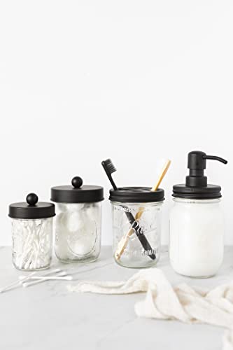 Jarmazing Products Ball Mason Jar Bathroom Gift Set (4 pcs) - Lotion/Soap Dispenser, Toothbrush Holder, Q-Tip Storage Jars - Farmhouse Home Decor for Vanity Organization - Luxury Accessories - Black