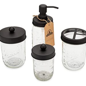 Jarmazing Products Ball Mason Jar Bathroom Gift Set (4 pcs) - Lotion/Soap Dispenser, Toothbrush Holder, Q-Tip Storage Jars - Farmhouse Home Decor for Vanity Organization - Luxury Accessories - Black