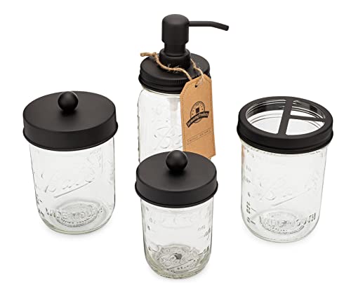 Jarmazing Products Ball Mason Jar Bathroom Gift Set (4 pcs) - Lotion/Soap Dispenser, Toothbrush Holder, Q-Tip Storage Jars - Farmhouse Home Decor for Vanity Organization - Luxury Accessories - Black