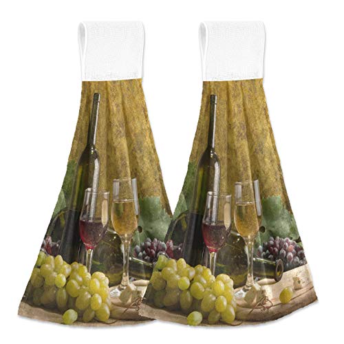 Oarencol Vintage Red and White Wine Glasses Grape Kitchen Hand Towel Absorbent Hanging Tie Towels with Loop for Bathroom 2 Pcs