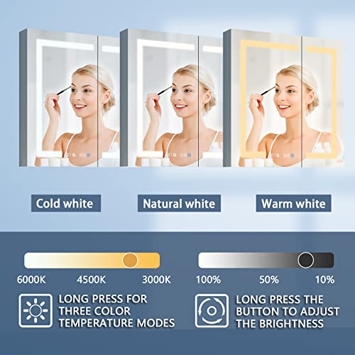 ExBrite LED Lighted Bathroom Medicine Cabinet with Mirror, 30 x 32 Inch, Recessed or Surface led Medicine Cabinet, Clock, Room Temp Display,Defog,Stepless Dimming,3-Color Temper Change, Outlets & USBs