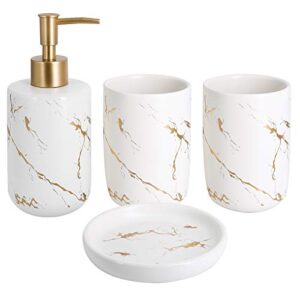 qulable cream bathroom accessories set complete, 4 pcs ceramic bathroom decorations accessories sets includes lotion dispenser, 2 tumblers and soap dish for bath decor, countertop vanity organize