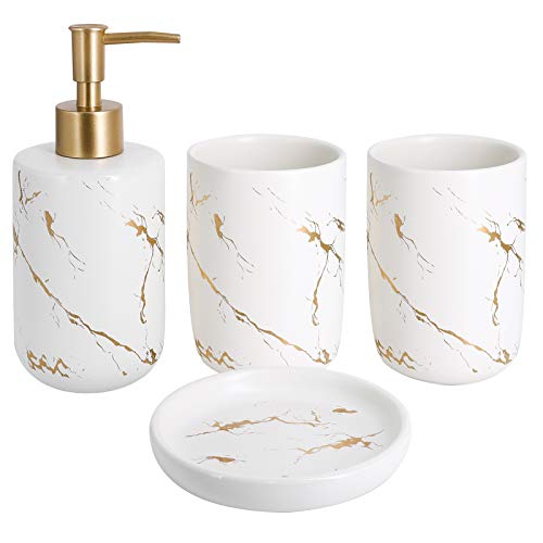 Qulable Cream Bathroom Accessories Set Complete, 4 Pcs Ceramic Bathroom Decorations Accessories Sets Includes Lotion Dispenser, 2 Tumblers and Soap Dish for Bath Decor, Countertop Vanity Organize