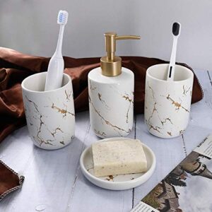 Qulable Cream Bathroom Accessories Set Complete, 4 Pcs Ceramic Bathroom Decorations Accessories Sets Includes Lotion Dispenser, 2 Tumblers and Soap Dish for Bath Decor, Countertop Vanity Organize