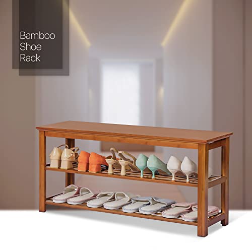 MoNiBloom Bamboo 3 Tier Shoe Rack Free Standing Storage Shelf Ventilated Shoe Cabinet 6-10 Pairs for High Heels Sneakers Sandals Slippers Pumps, Brown