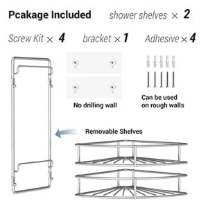 GeekDigg 2 Pack Corner Shower Caddy, Adhesive Shower Shelves, Wall Mounted Stainless Steel Shower Shelf for Inside Shower, Bathroom, Toilet, Kitchen and Dorm- No Drill Install, Silver