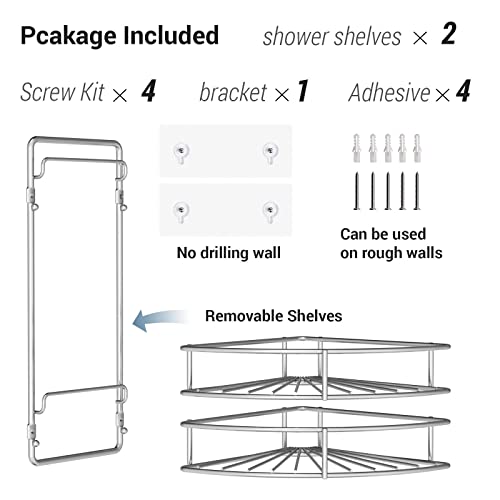 GeekDigg 2 Pack Corner Shower Caddy, Adhesive Shower Shelves, Wall Mounted Stainless Steel Shower Shelf for Inside Shower, Bathroom, Toilet, Kitchen and Dorm- No Drill Install, Silver