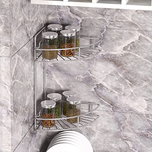 GeekDigg 2 Pack Corner Shower Caddy, Adhesive Shower Shelves, Wall Mounted Stainless Steel Shower Shelf for Inside Shower, Bathroom, Toilet, Kitchen and Dorm- No Drill Install, Silver