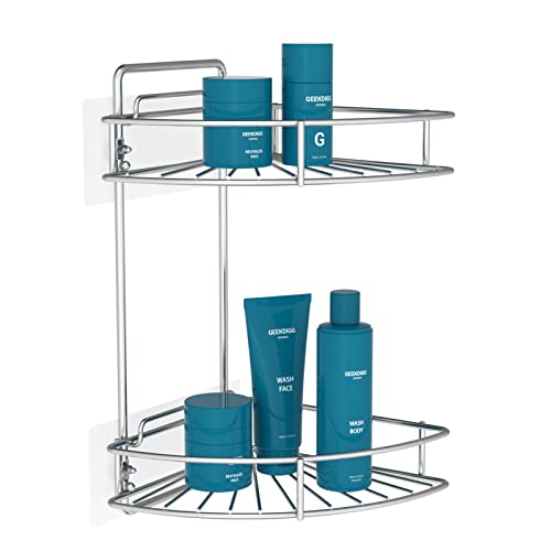 GeekDigg 2 Pack Corner Shower Caddy, Adhesive Shower Shelves, Wall Mounted Stainless Steel Shower Shelf for Inside Shower, Bathroom, Toilet, Kitchen and Dorm- No Drill Install, Silver