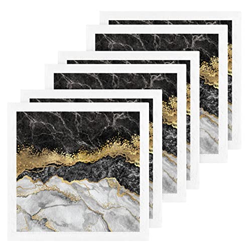 ALAZA Wash Cloth Set Gold Black Marble - Pack of 6 , Cotton Face Cloths, Highly Absorbent and Soft Feel Fingertip Towels(226cr8c)