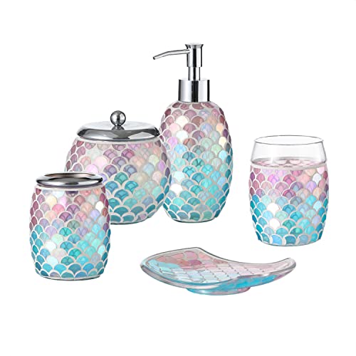 Motifeur Bathroom Accessories Set, 5-Piece Glass Bath Accessory Complete Set with Lotion Dispenser/Soap Pump, Cotton Jar, Soap Dish, Tumbler and Toothbrush Holder (Mermaid)