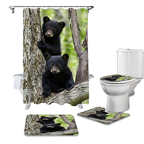 Crystal Emotion 4 Pcs Bathroom Shower Curtains Sets with Rugs, Black Bear Family Forest, Luxury Toilet Lid Cover, Bath Mat，Waterproof Fabric Shower Curtain with 12 Hooks for Hotel/Bathroom Animal