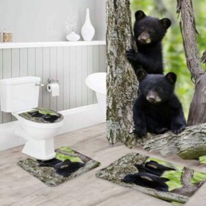 Crystal Emotion 4 Pcs Bathroom Shower Curtains Sets with Rugs, Black Bear Family Forest, Luxury Toilet Lid Cover, Bath Mat，Waterproof Fabric Shower Curtain with 12 Hooks for Hotel/Bathroom Animal