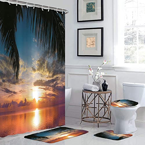 GRIEKOWE 4 Pcs Beach Shower Curtain Sets with Non-Slip Rugs, Toilet Lid Cover and Bath Mat, Sunset Ocean Waves Shower Curtain Blue Sky Coastal Sun Rays Shower Curtain with 12 Hooks, 72''x72''