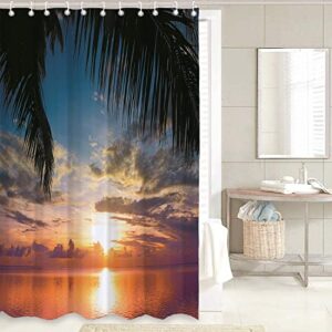 GRIEKOWE 4 Pcs Beach Shower Curtain Sets with Non-Slip Rugs, Toilet Lid Cover and Bath Mat, Sunset Ocean Waves Shower Curtain Blue Sky Coastal Sun Rays Shower Curtain with 12 Hooks, 72''x72''