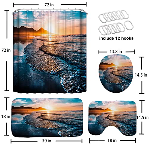 GRIEKOWE 4 Pcs Beach Shower Curtain Sets with Non-Slip Rugs, Toilet Lid Cover and Bath Mat, Sunset Ocean Waves Shower Curtain Blue Sky Coastal Sun Rays Shower Curtain with 12 Hooks, 72''x72''