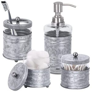 autumn alley rustic farmhouse glass and galvanized bathroom accessories set (4 pcs) - lotion soap dispenser, toothbrush holder, 2 apothecary jars (qtip holder) - rustic farmhouse bathroom decor