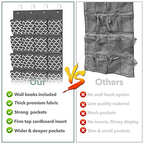 Over the Door Shoe Organizer - Hanging Shoe Rack Storage Holder with 24 Extra Large Fabric Pockets and 4 Sturdy Hooks for Men Sneakers, Women High Heels, Kids Slippers, Cruise, 68.5" Tall (Grey)