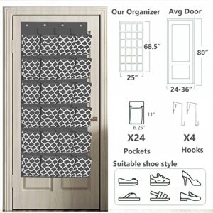 Over the Door Shoe Organizer - Hanging Shoe Rack Storage Holder with 24 Extra Large Fabric Pockets and 4 Sturdy Hooks for Men Sneakers, Women High Heels, Kids Slippers, Cruise, 68.5" Tall (Grey)