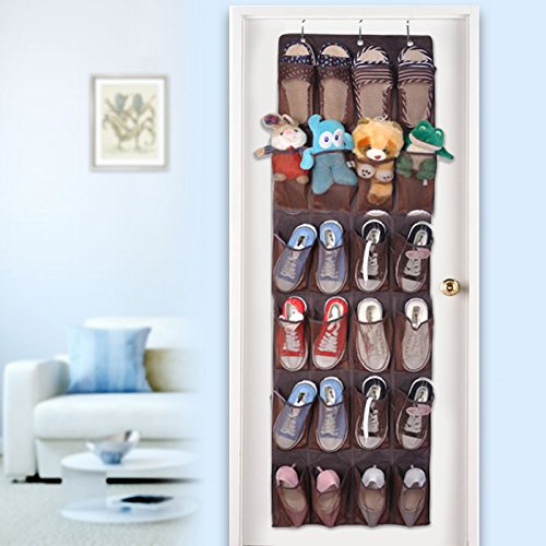 SUPWALL Over The Door Shoe Organizer Rack,24 Pocket for Shoe Toiletries Closet Laundry Storage, with 4 Steel Hooks That Fit More Doors (Coffee)