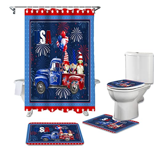 BestLives 4th of July Shower Curtain Sets with Rugs Star Side US Flag Non-Slip Soft Toilet Lid Cover for Bathroom Gnome Truck Firework Ballon 4 Pcs Bathroom Sets with Bath Mat