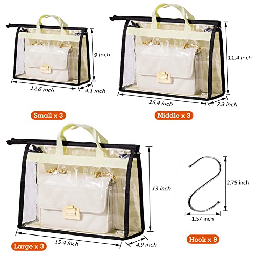 9 pack 3 Sizes Dust Bags for Handbags Storage Organizer Insert Purse Organizer for Closet with Handle and Zipper Clear Purse Storage Bags Space-saving