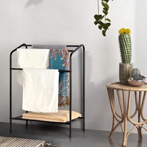 Freestanding Towel Rack Black Hand Towel Drying Rack for Bathroom 3 Tier Blanket Ladder for Living Room Drying and Display Storage Rack with Shelf, Black