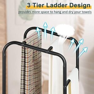 Freestanding Towel Rack Black Hand Towel Drying Rack for Bathroom 3 Tier Blanket Ladder for Living Room Drying and Display Storage Rack with Shelf, Black