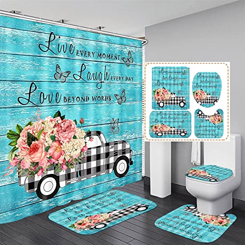 jieprom 4PCS Rose Flower Truck Shower Curtain Set with Non-Slip Rugs, Toilet Lid Cover and Bath Mat, Teal Shower Curtain with 12 Hooks, Insipirational Bathroom Decor Set, Love, Live and Laugh