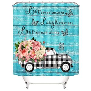 jieprom 4PCS Rose Flower Truck Shower Curtain Set with Non-Slip Rugs, Toilet Lid Cover and Bath Mat, Teal Shower Curtain with 12 Hooks, Insipirational Bathroom Decor Set, Love, Live and Laugh