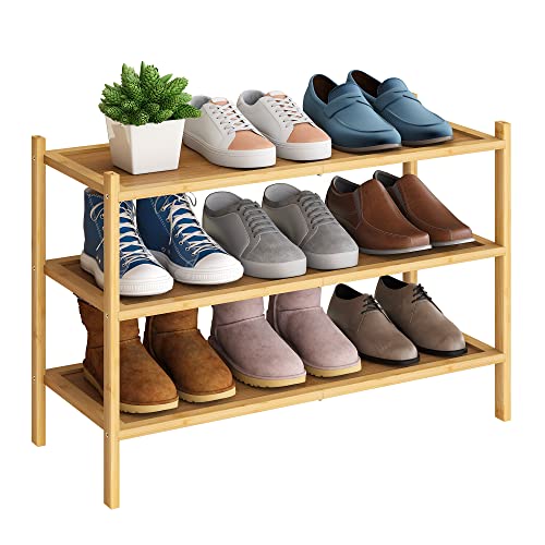 BMOSU 3-Tier Bamboo Shoe Rack Premium Stackable Shoe Shelf Storage Organizer for Hallway Closet Living Room Entryway Organizer(Natural)