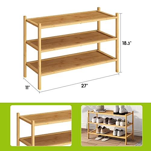 BMOSU 3-Tier Bamboo Shoe Rack Premium Stackable Shoe Shelf Storage Organizer for Hallway Closet Living Room Entryway Organizer(Natural)