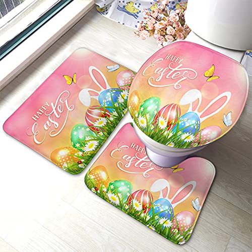 WONDERTIFY Easter Theme Bathroom Antiskid Pad Bunny Ears Butterflies Colorful Eggs in Grass Flowers 3 Pieces Bathroom Rugs Set, Bath Mat+Contour+Toilet Lid Cover Pink