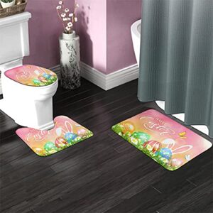 WONDERTIFY Easter Theme Bathroom Antiskid Pad Bunny Ears Butterflies Colorful Eggs in Grass Flowers 3 Pieces Bathroom Rugs Set, Bath Mat+Contour+Toilet Lid Cover Pink