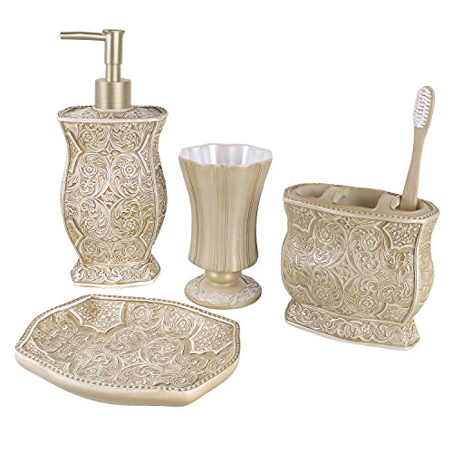 Creative Scents Beige Bathroom Accessories Set - Decorative Bathroom Accessory Set - 4 Piece Bathroom Set Features: Soap Dispenser, Toothbrush Holder, Tumbler, and Soap Dish (Victoria Collection)