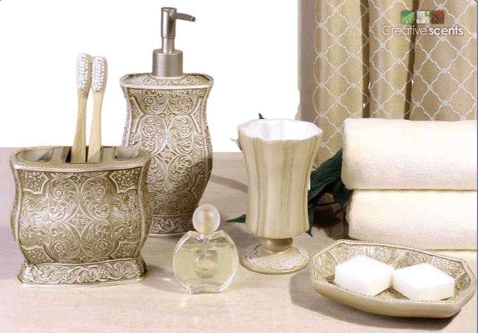 Creative Scents Beige Bathroom Accessories Set - Decorative Bathroom Accessory Set - 4 Piece Bathroom Set Features: Soap Dispenser, Toothbrush Holder, Tumbler, and Soap Dish (Victoria Collection)