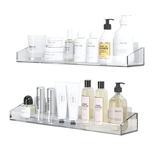 KATASKI 2 Pack Acrylic Bathroom Shelf, Wall Mounted No-Drill Thick Clear Storage and Display Shelf, 15.7inch