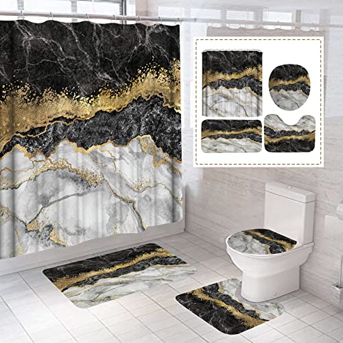 4Pcs Black Marble Shower Curtain Sets, Bathroom Sets with Shower Curtain and Rugs and Accessories, Rug Toilet Lid Cover and Non-Slip U Shape Mat, Waterproof Shower Curtain with 12 Hooks, 72" x 72"