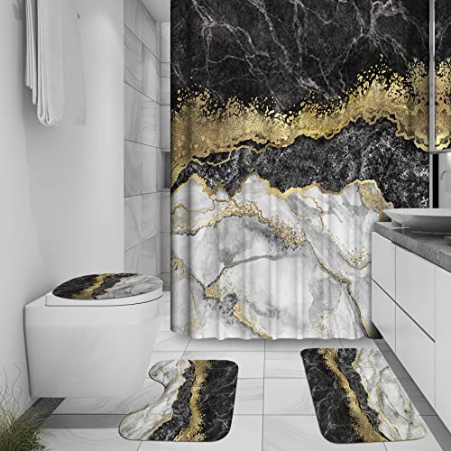 4Pcs Black Marble Shower Curtain Sets, Bathroom Sets with Shower Curtain and Rugs and Accessories, Rug Toilet Lid Cover and Non-Slip U Shape Mat, Waterproof Shower Curtain with 12 Hooks, 72" x 72"