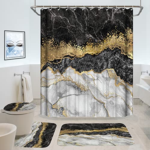 4Pcs Black Marble Shower Curtain Sets, Bathroom Sets with Shower Curtain and Rugs and Accessories, Rug Toilet Lid Cover and Non-Slip U Shape Mat, Waterproof Shower Curtain with 12 Hooks, 72" x 72"