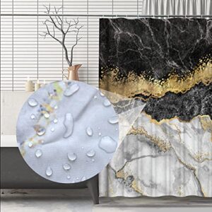 4Pcs Black Marble Shower Curtain Sets, Bathroom Sets with Shower Curtain and Rugs and Accessories, Rug Toilet Lid Cover and Non-Slip U Shape Mat, Waterproof Shower Curtain with 12 Hooks, 72" x 72"