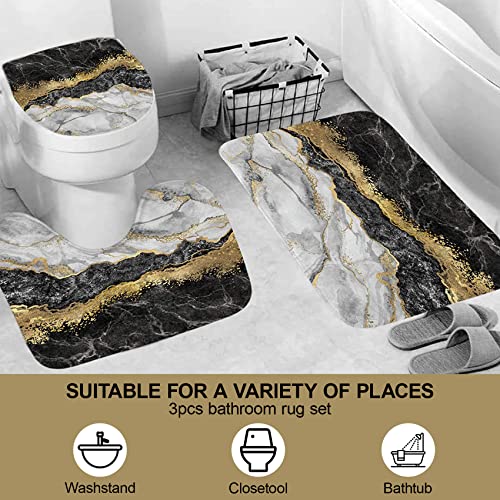 4Pcs Black Marble Shower Curtain Sets, Bathroom Sets with Shower Curtain and Rugs and Accessories, Rug Toilet Lid Cover and Non-Slip U Shape Mat, Waterproof Shower Curtain with 12 Hooks, 72" x 72"