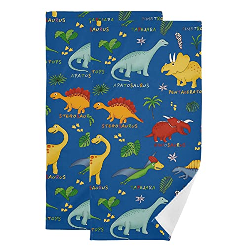 Giwawa Dinosaur Hand Towel Set of 2, Absorbent Navy Blue Dino Bath Towels Soft Cute Animal Fingertip Towel Fast Dry Terry Towel for Boys Kids Man in Bathroom Kitchen Yoga Gym Spa Decor 28.3x14.4in