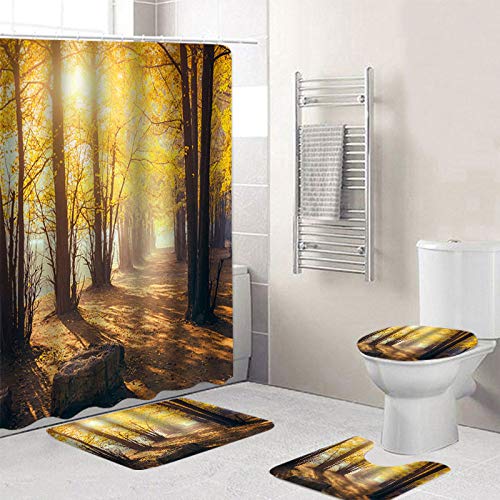 Fashion_Man 4PCS/Set Yellow Forest Gingko Tree Shower Curtain Polyester Waterproof Bath Curtain Bathroom Rugs Bath Mat Set Toilet Lid Cover Natural Landscape Bathroom Decor, 72"x72", Gingko Tree