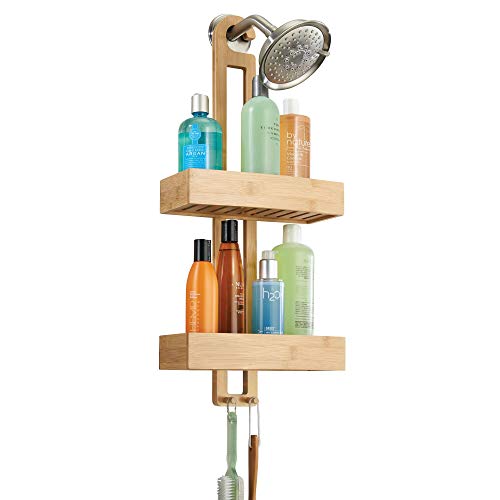 iDesign Formbu Bamboo Hanging Shower Caddy for Shampoo, Conditioner, and Soap with Hooks for Razors, Towels, Loofahs, and More, 11.05" x 5.32" x 26.68", Natural Beige