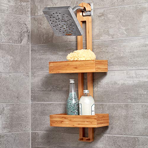 iDesign Formbu Bamboo Hanging Shower Caddy for Shampoo, Conditioner, and Soap with Hooks for Razors, Towels, Loofahs, and More, 11.05" x 5.32" x 26.68", Natural Beige