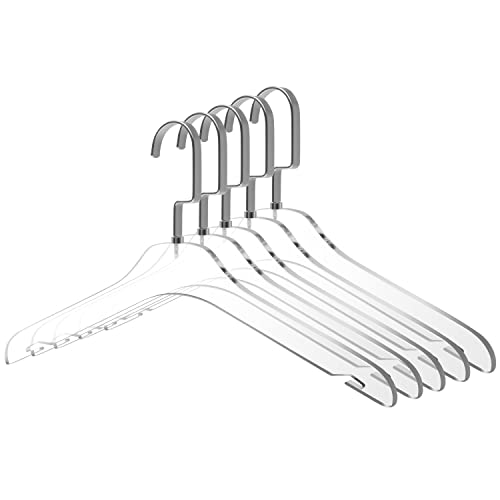 Quality Clear Acrylic Clothing Hangers – 5-Pack, Stylish Clothes Hanger with Silver Hooks - Coat Hanger for Dress, Suit - Closet Organizer Adult Hangers - Space Saving Cloth Hangers (Silver Hook, 5)