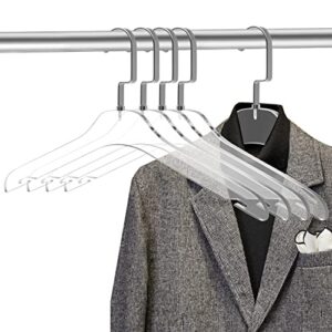 Quality Clear Acrylic Clothing Hangers – 5-Pack, Stylish Clothes Hanger with Silver Hooks - Coat Hanger for Dress, Suit - Closet Organizer Adult Hangers - Space Saving Cloth Hangers (Silver Hook, 5)